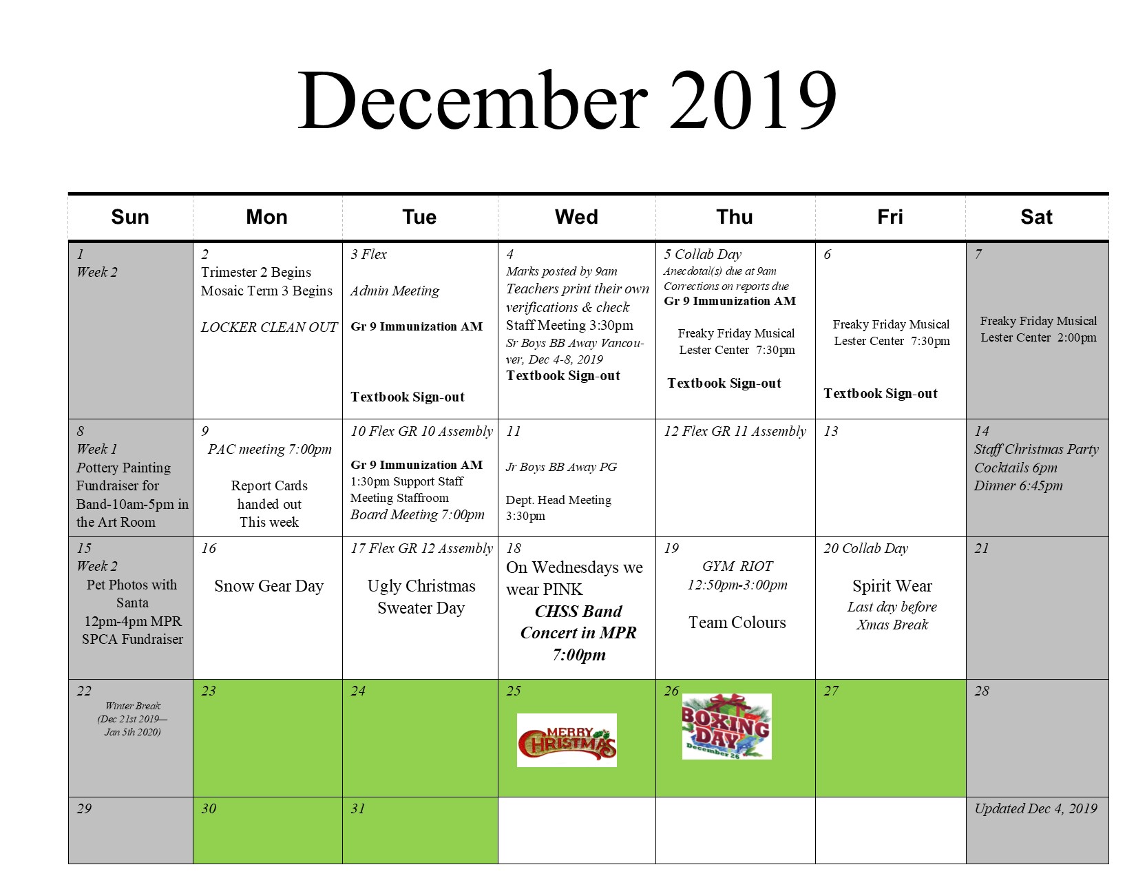 Monthly Calendars | Charles Hays Secondary